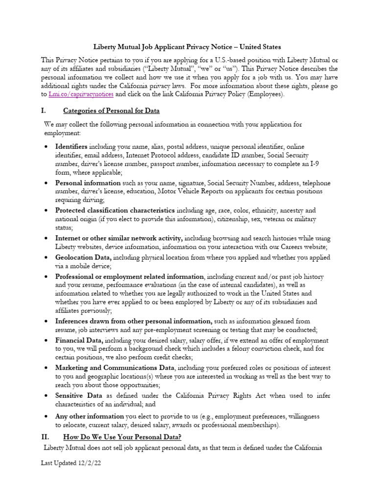 Liberty Mutual Applicant Privacy Notice | PDF | Privacy | Information
