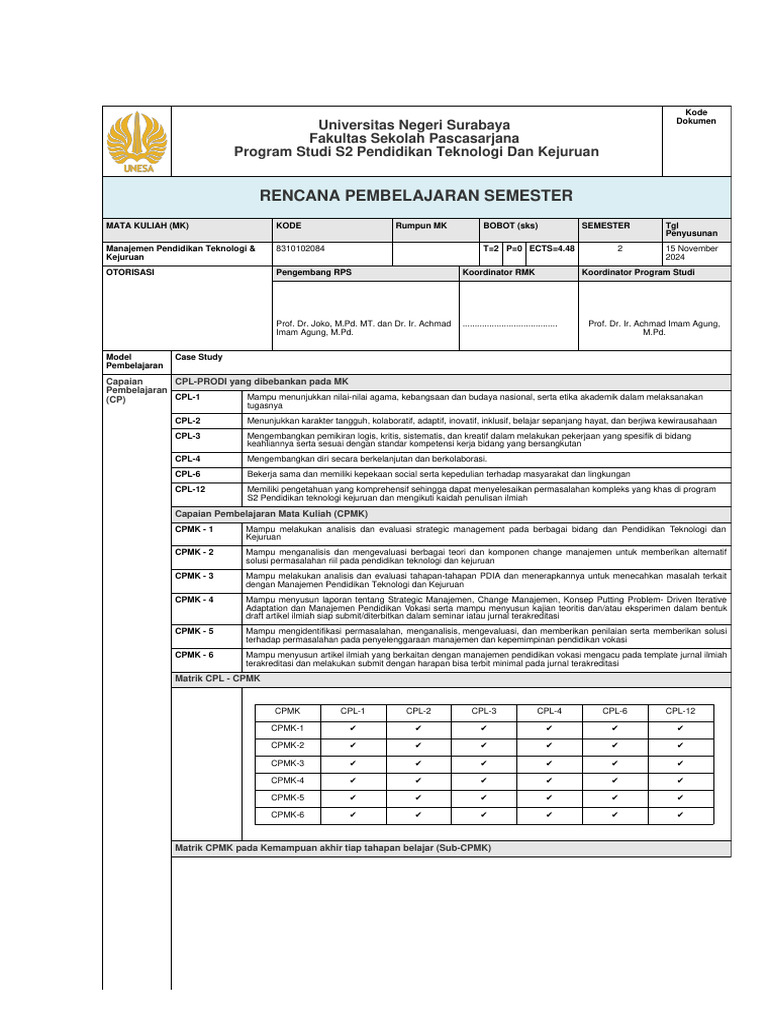 RPS Manajemen Pendidikan Teknologi & Kejuruan_Terbaru | PDF