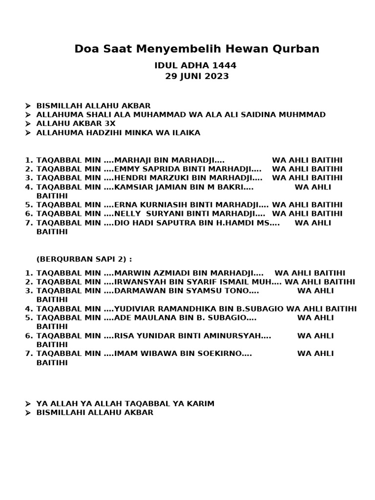 Doa Saat Menyembelih Qurban Keluarga Besar Zaitunah | PDF