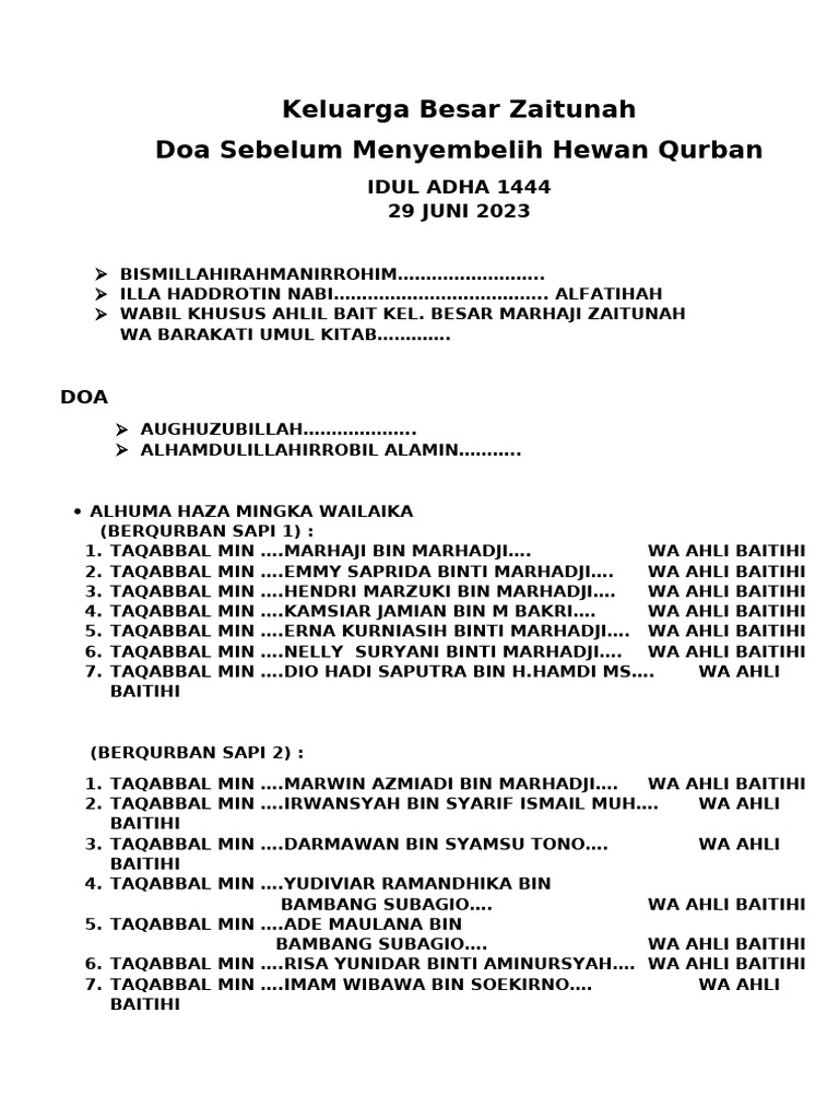 Doa Sebelum Menyembelih Qurban Keluarga Besar Zaitunah | PDF
