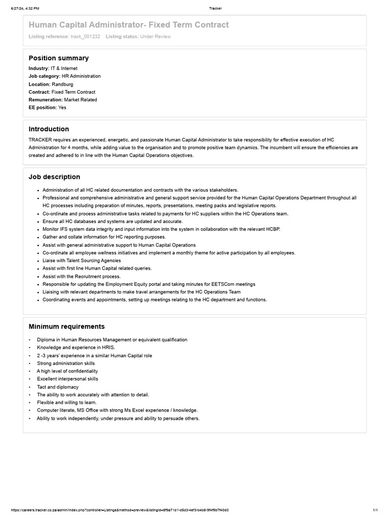 Human Capital Administrator- Fixed Term Contract June 2024[1] | PDF ...