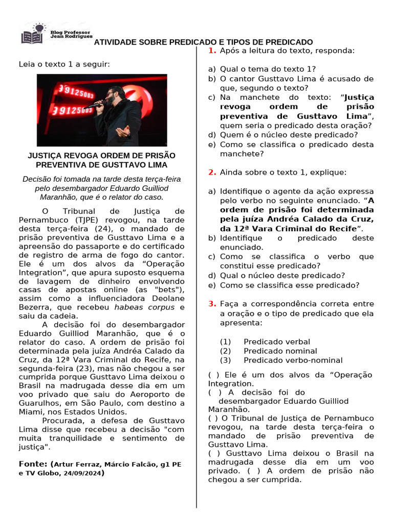 Atividade Predicado e Tipos de Predicado | PDF | Predicado (gramática) | Assunto (gramática)