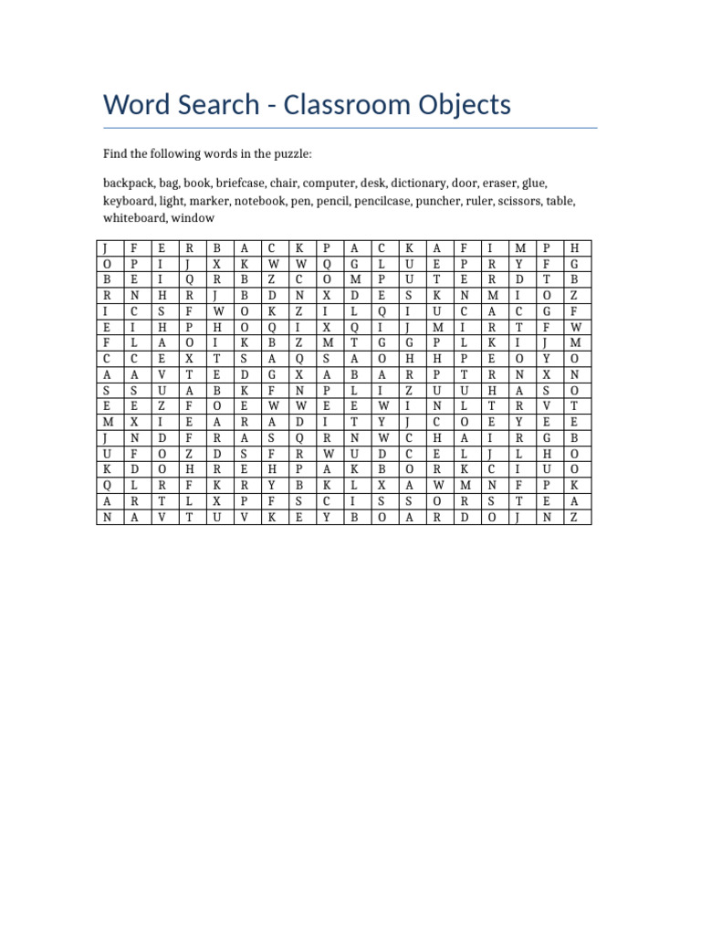 Word Search Classroom Objects | PDF