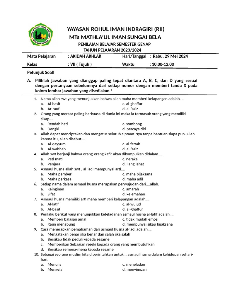 Soal Semester Genap Akidah Kls 7 | PDF