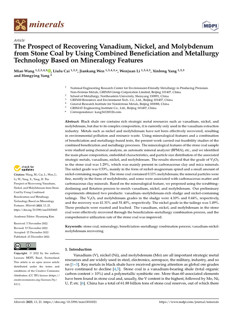 The Prospect of Recovering Vanadium, Nickel, and Molybdenum from Stone ...