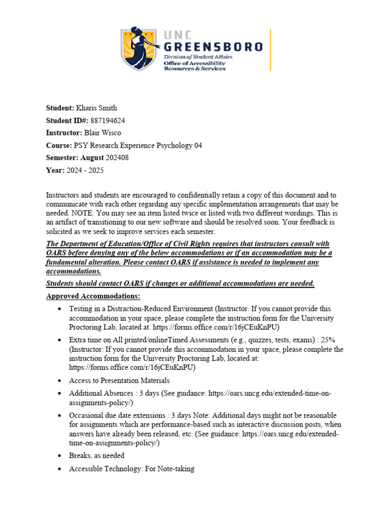 UNCG OARS Approved Accommodations Guide | PDF