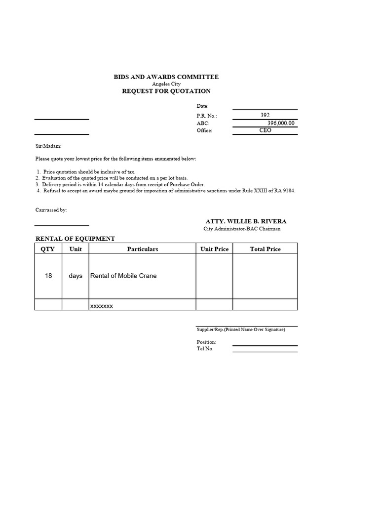 Heavy Equipment Rental Quotation Request | PDF