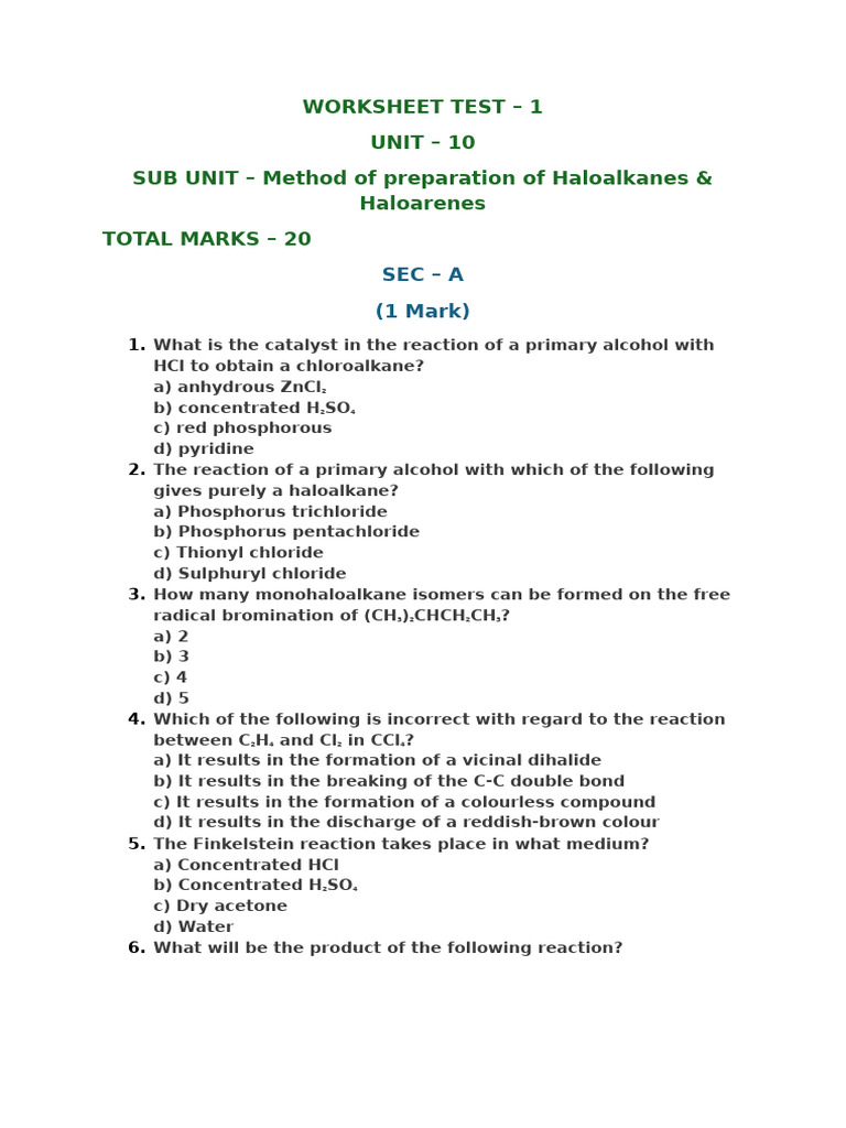 Xii (Unit 10) Worksheet Test - 1 | PDF