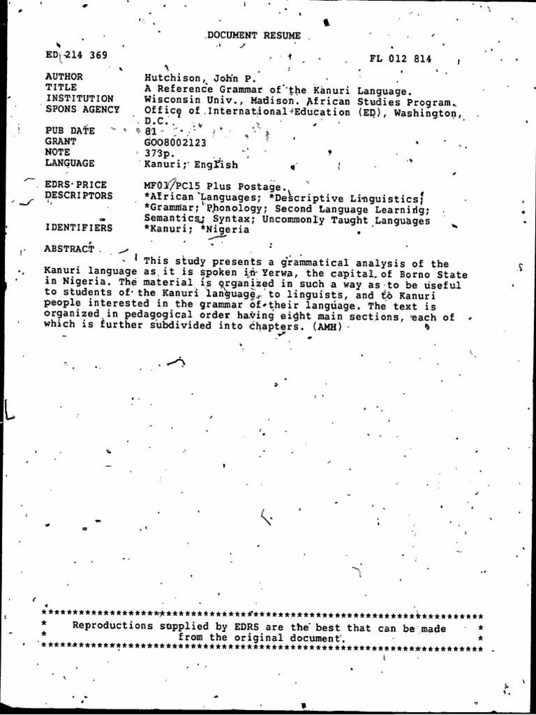 Kanuri Language - A Reference Grammar (Hutchison) | PDF