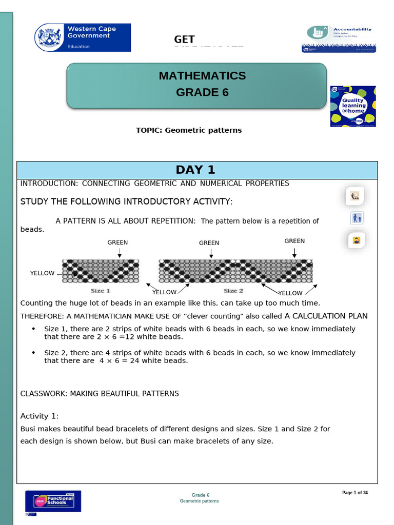 Lesson Plan Gr. 6 Mathematics Term 2 Week 2 Geometric patterns | PDF ...