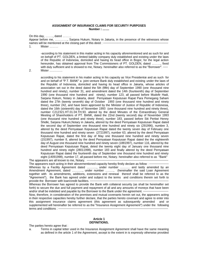 Assignment of Insurance Claims For Security Purposes | PDF | Banks ...