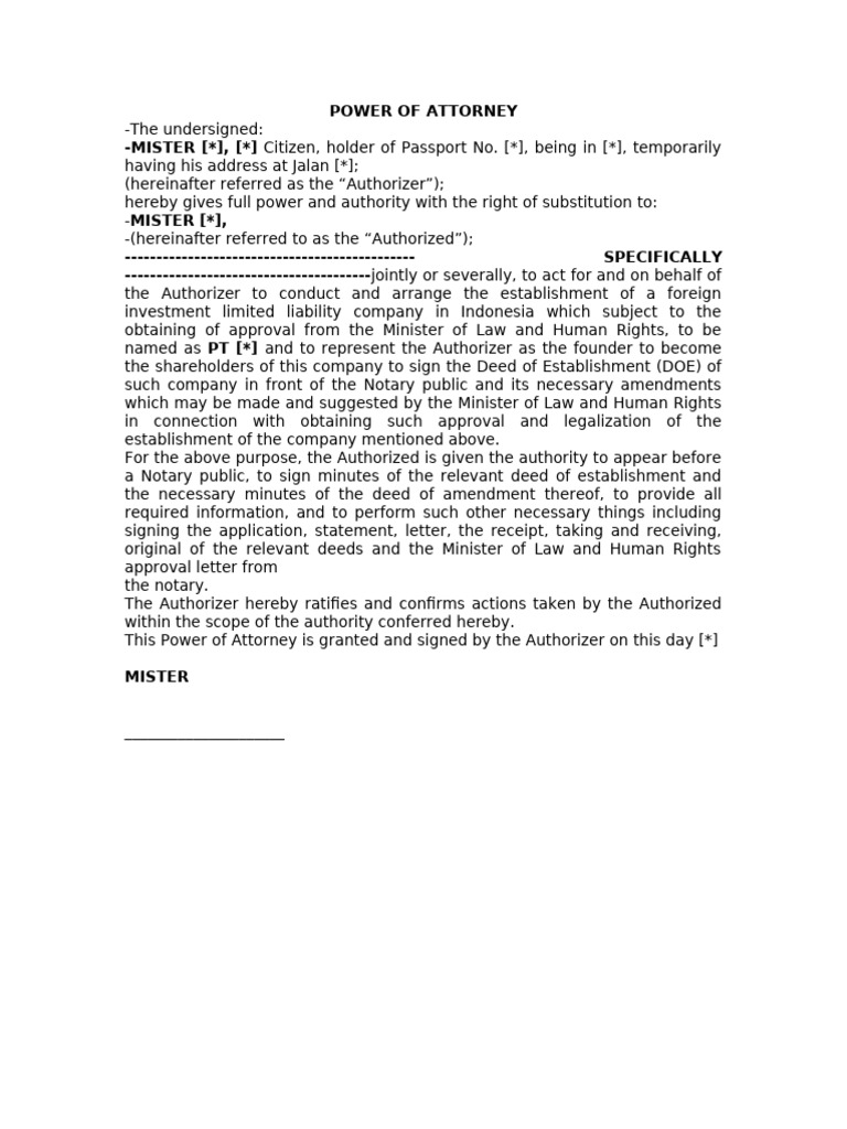 Power of Attorney for Company Establishment | PDF