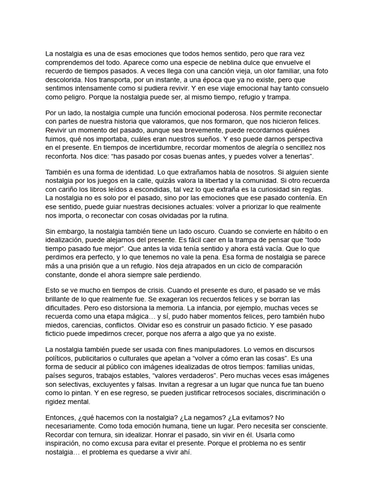 La nostalgia_ un refugio emocional o una trampa mental | PDF ...