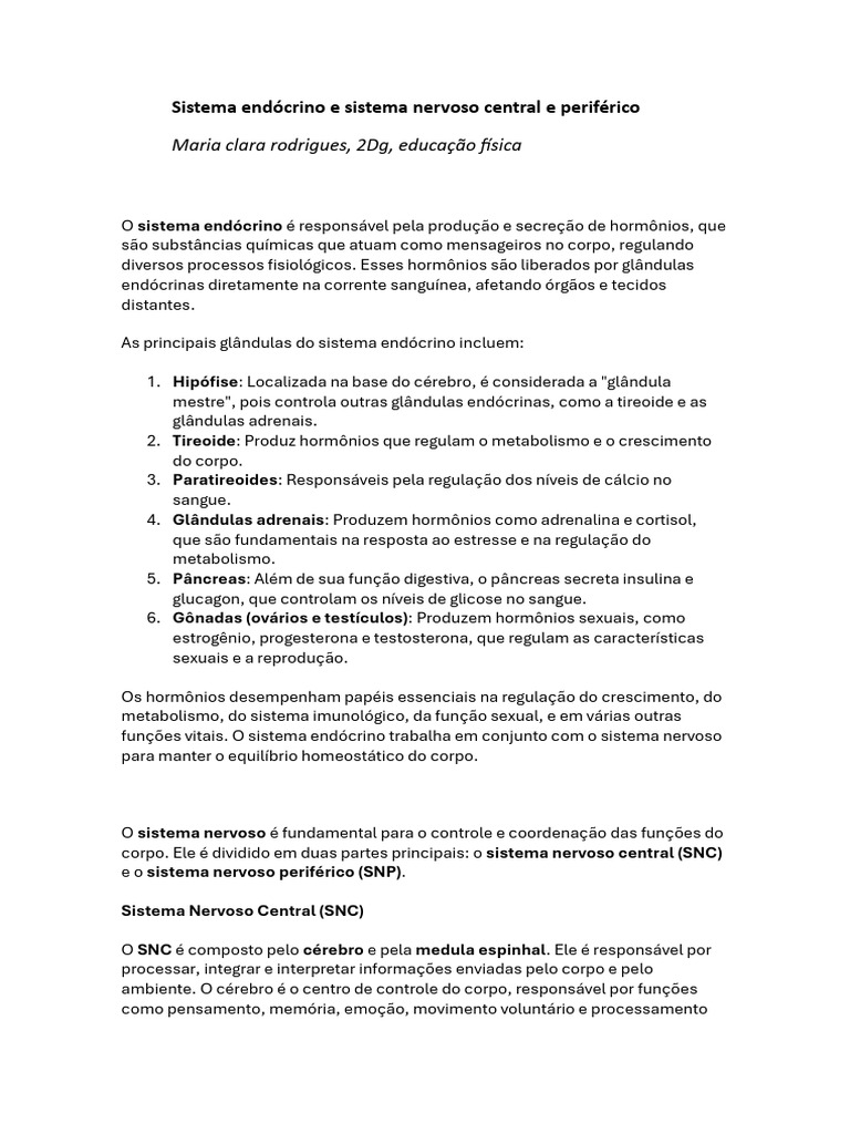 Sistema Endócrino e Sistema Nervoso Central e Periférico 2 | PDF | Corpo humano | Sistema ...