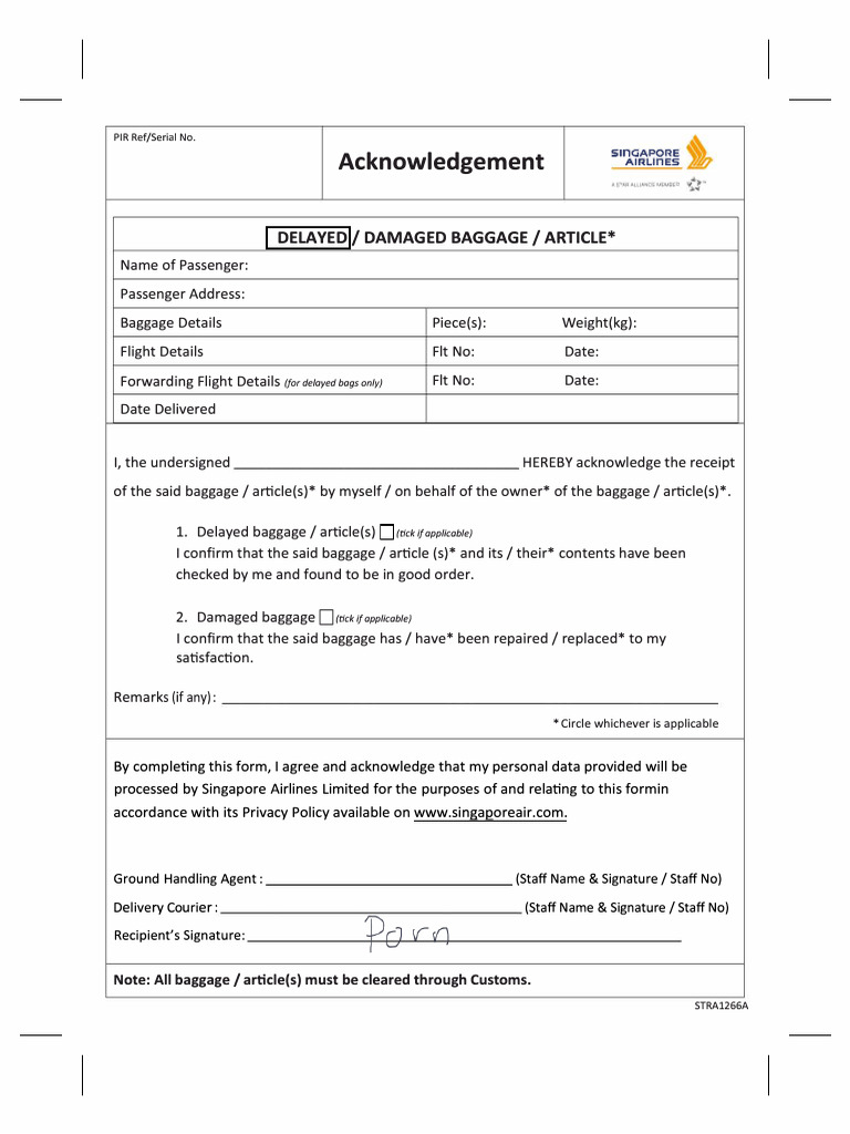 Singapore Airlines Baggage Acknowledgement Form | PDF