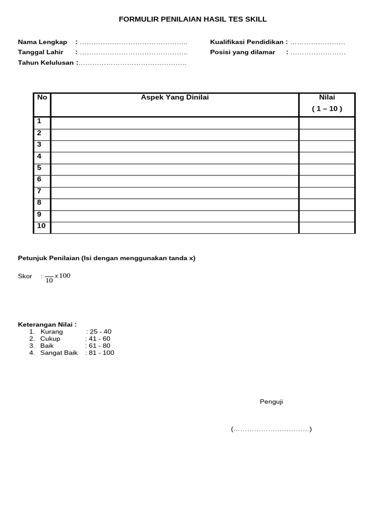 FORMULIR PENILAIAN TES SKILL | PDF