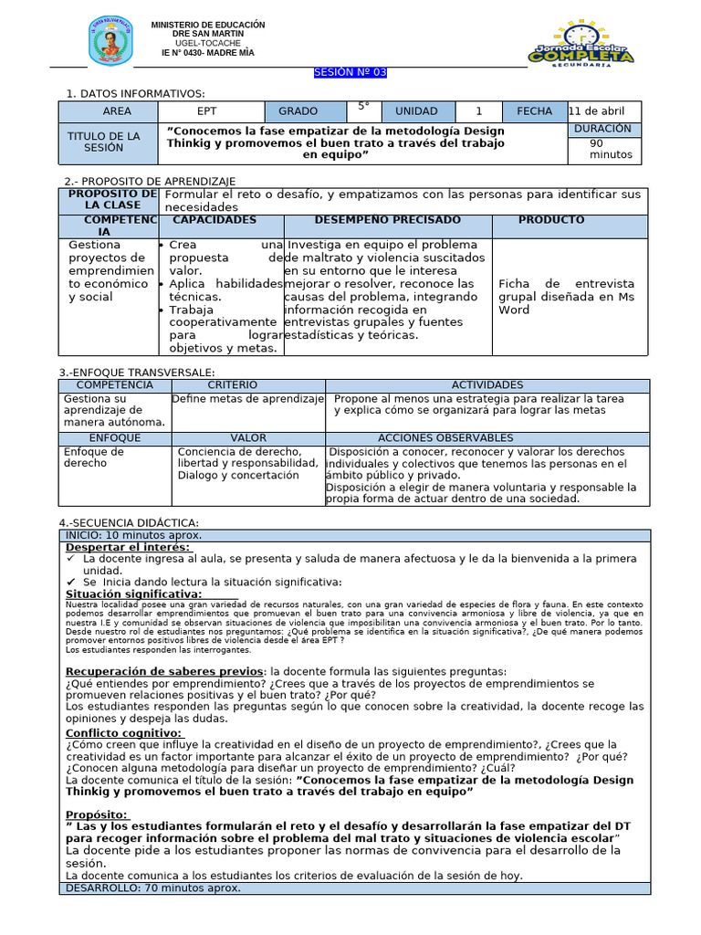Sesion 3 Unidad 1 Ept 5° | PDF | El pensamiento de diseño | Evaluación