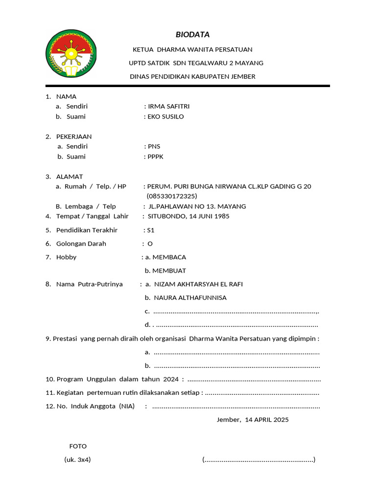 BIODATA ANGGOTA DWP SMP DISPENDIK JEMBER (1) | PDF