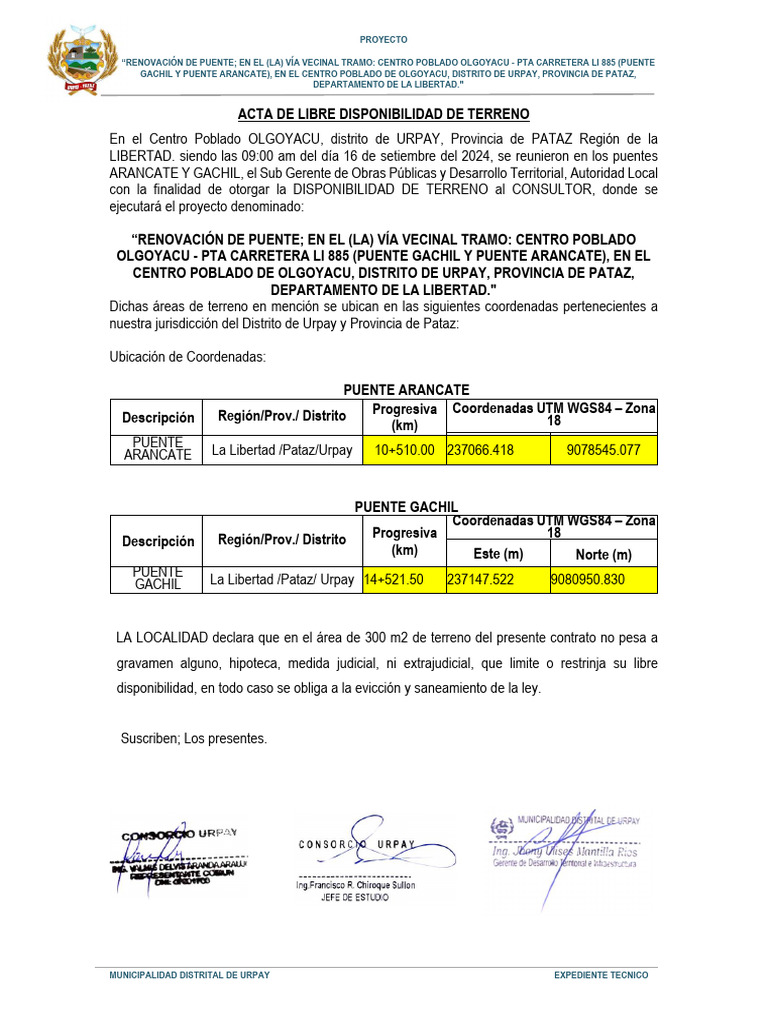 ACTA+DE+LIBRE+DISPONIBILIDAD+DE+TERRENO_20241203_191254_025 | PDF | Geodesia