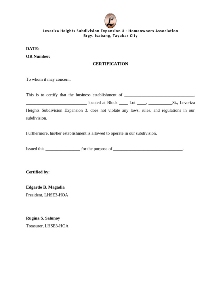 Leveriza Heights HOA Certification Letter | PDF