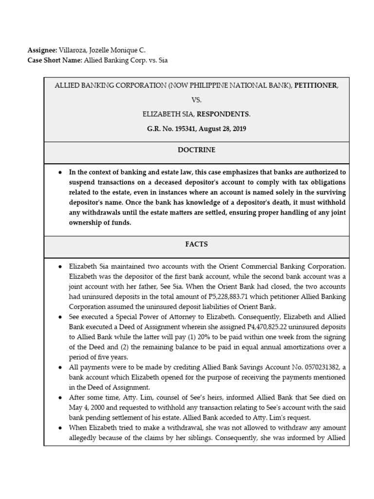 Allied Banking Corp. vs. Sia | PDF | Banks | Assignment (Law)