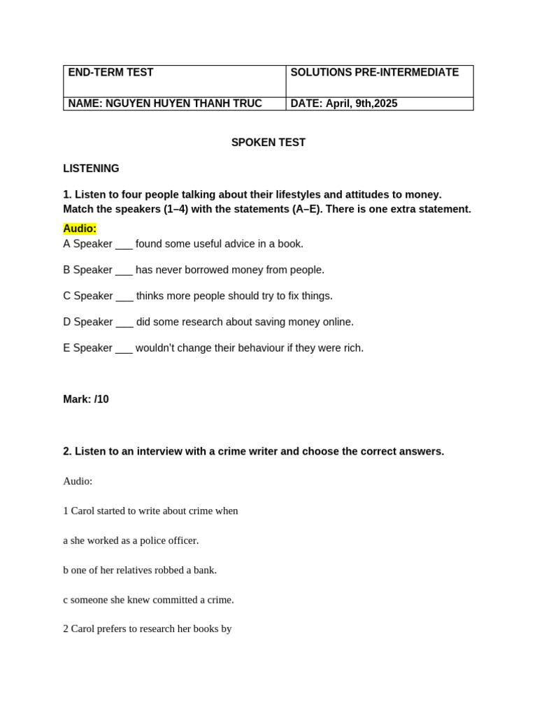 End-Term Spoken Test Solutions | PDF