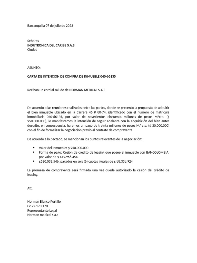 Carta de Intencion de Compra | PDF