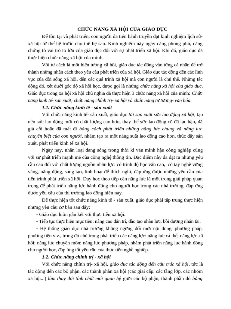 CH C Năng Xã H I C A Giáo D C | PDF