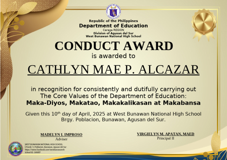 Conduct-Award Certificate - LANDSCAPE | PDF
