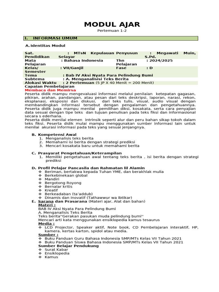 Modul Ajar Minggu Ke 1 Subb A | PDF