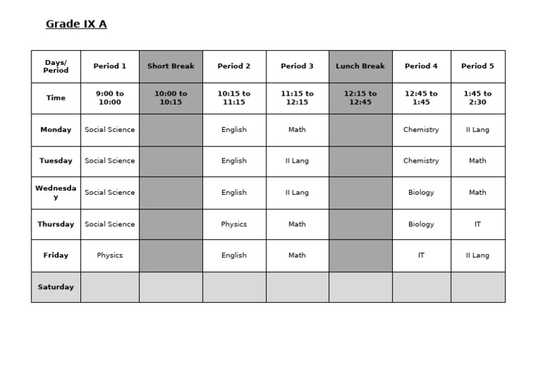 Grade IX A: Days/ Period Period 1 Short Break Period 2 Period 3 Lunch ...