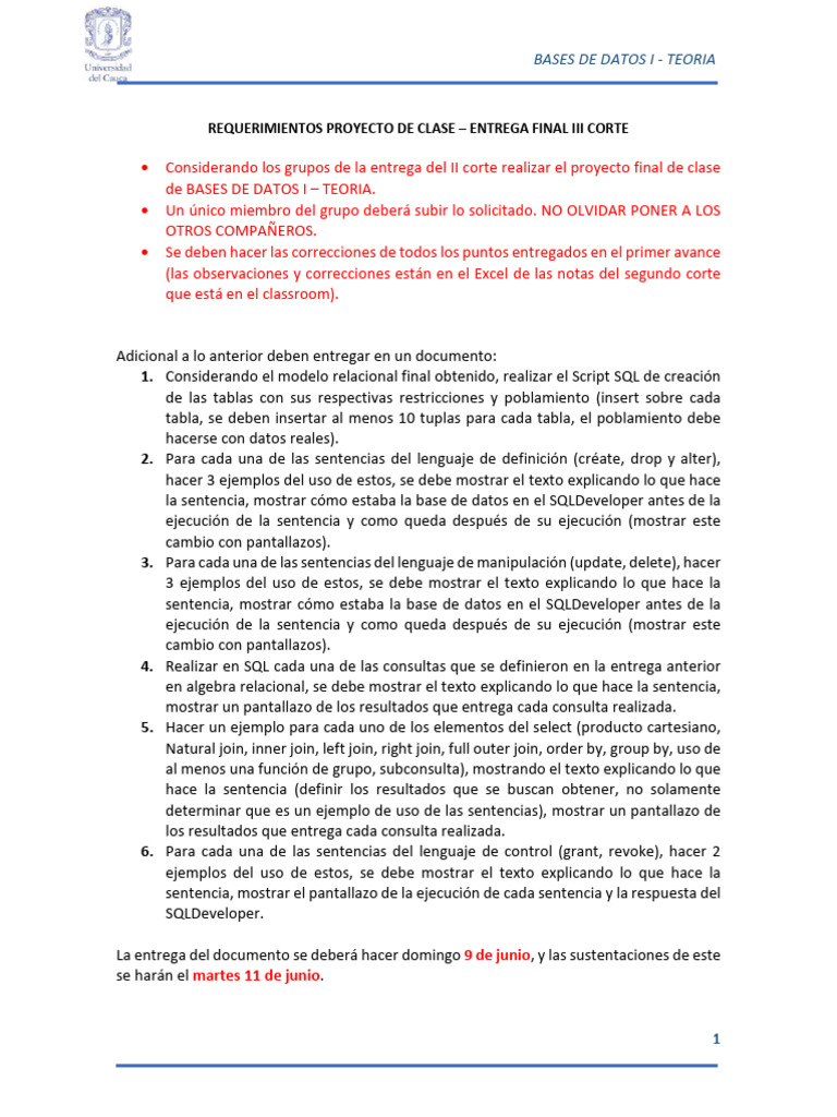Requerimientos Proyecto de Clase - Entrega Final | PDF | SQL | Software de gestión de datos