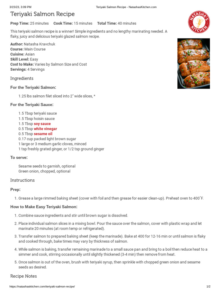 Teriyaki Salmon Recipe | PDF | Sauce | Baking