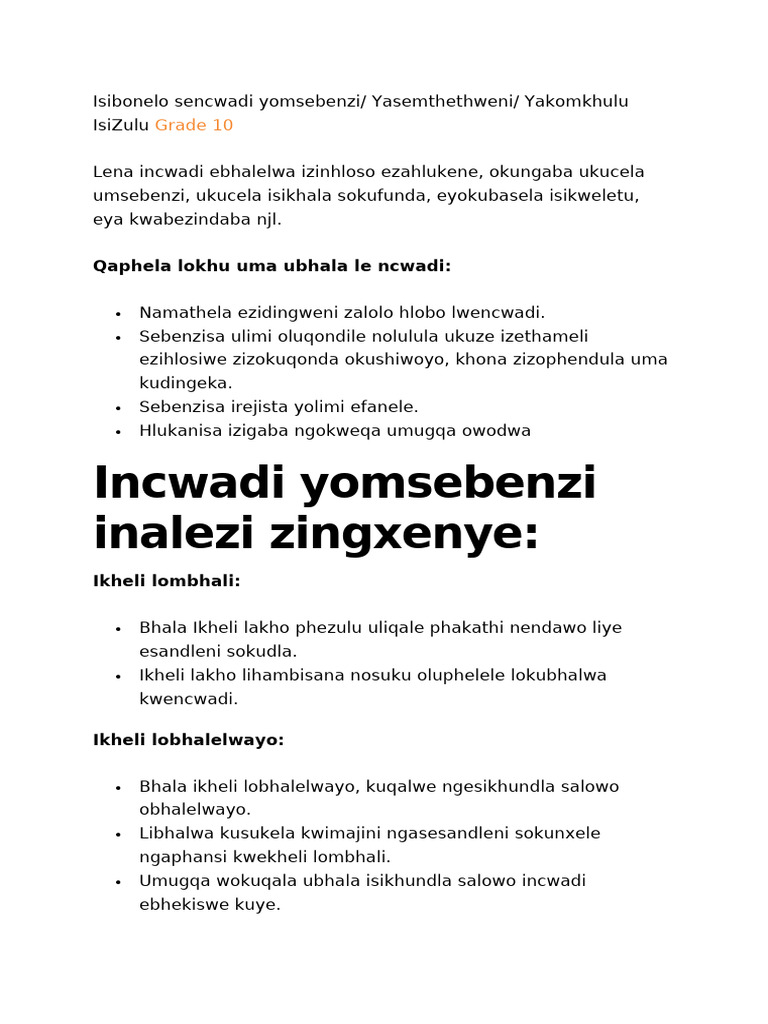 Isibonelo Sencwadi Yomsebenzi | PDF