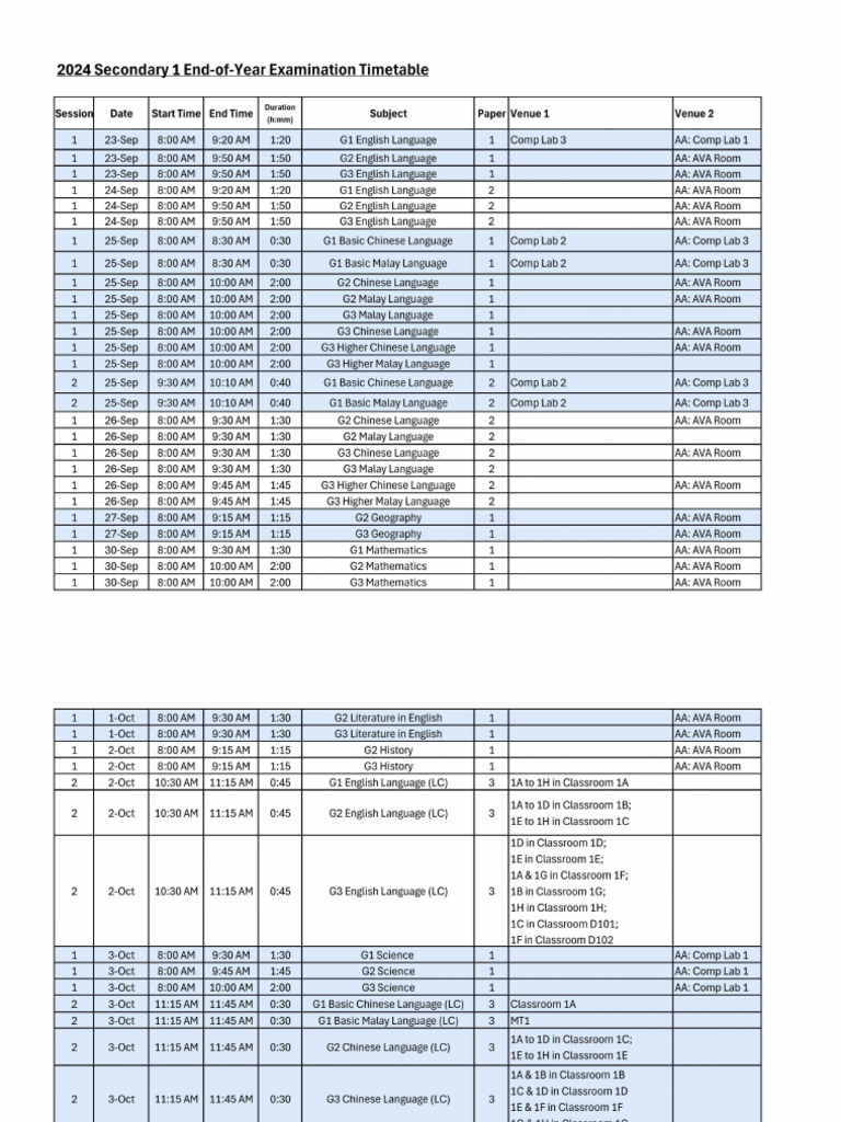 timetable Sec1 | PDF