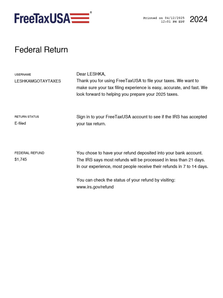 2024 Federal Return 2025-04-12 100107 | PDF | Irs Tax Forms | Tax Deduction