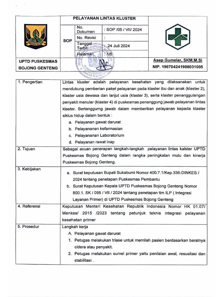 SOP KLUSTER LINTAS KLASTER PUSKESMAS BOJONGGENTENG | PDF