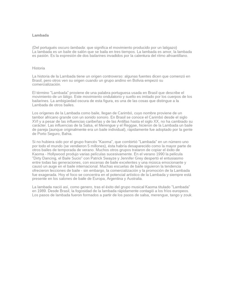 Historia y Origen del Baile Lambada | PDF