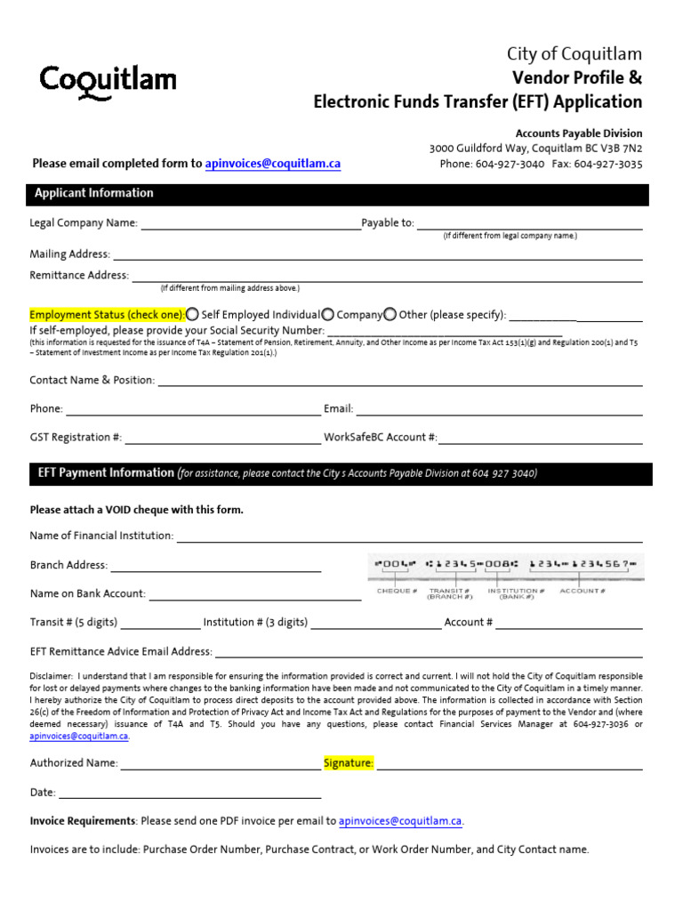 Coquitlam Vendor EFT Application Form | PDF | Accounts Payable