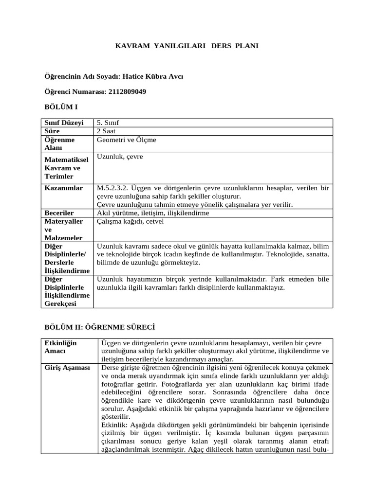 Uzunluk Kavram Yanılgı Ders Plan | PDF