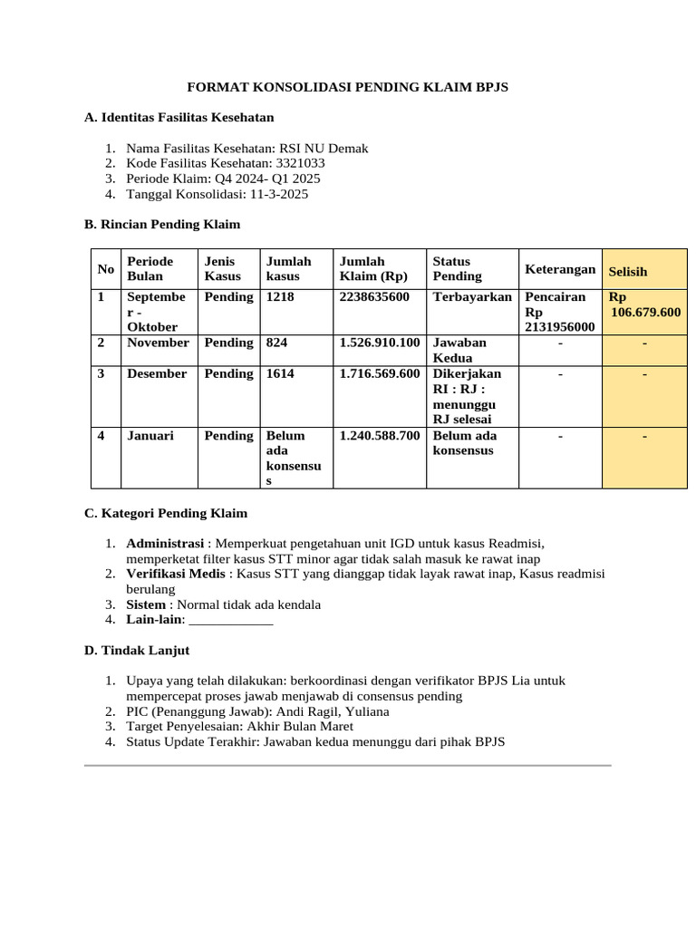 Konsolidasi Pending Klaim BPJS 2025 | PDF
