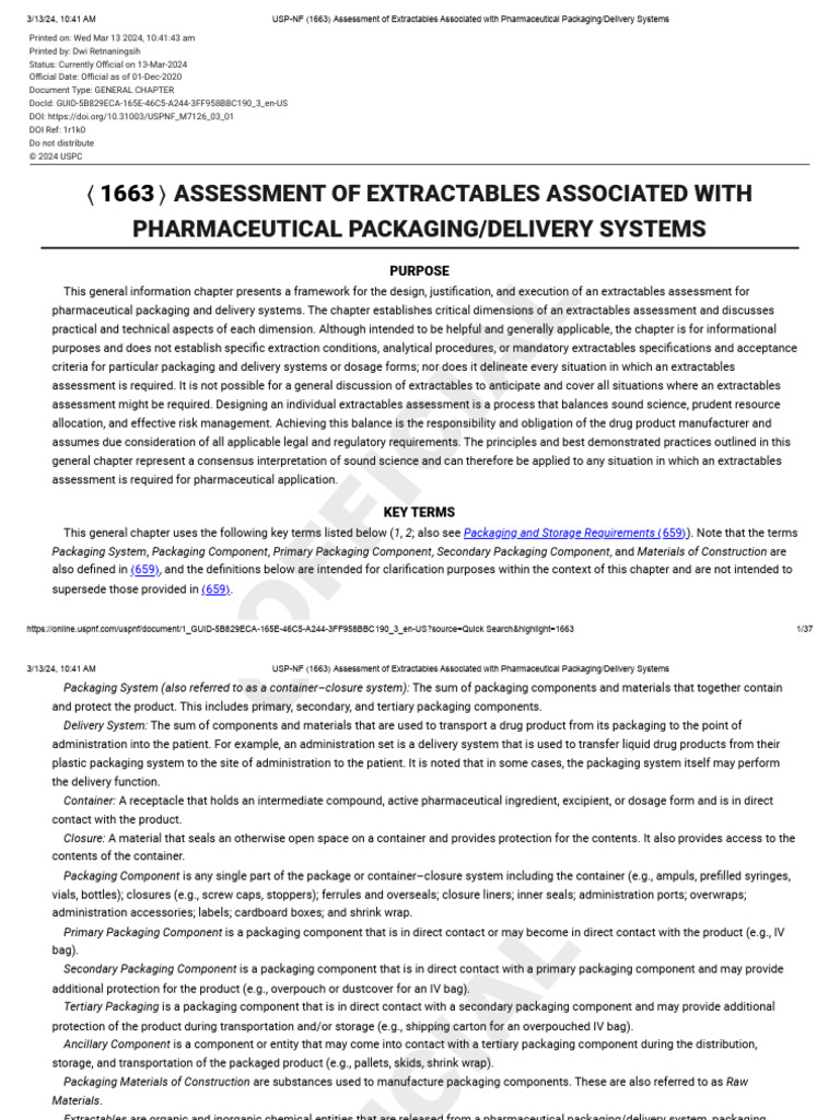 USP-NF 1663 Assessment of Extractables Associated With Pharmaceutical ...
