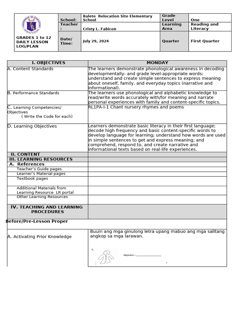 DLL Reading and Literacy Q1W1 | PDF | Learning | Literacy