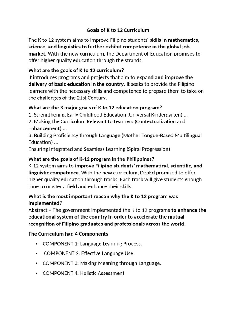 Goals of K To 12 Curriculum Handouts | PDF