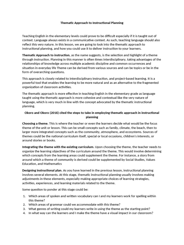 Thematic Approach To Instructional Planning Handouts | PDF | Learning ...
