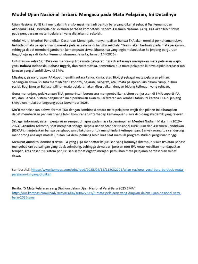 Model UN Versi Baru Berbasis Mapel (2025) | PDF