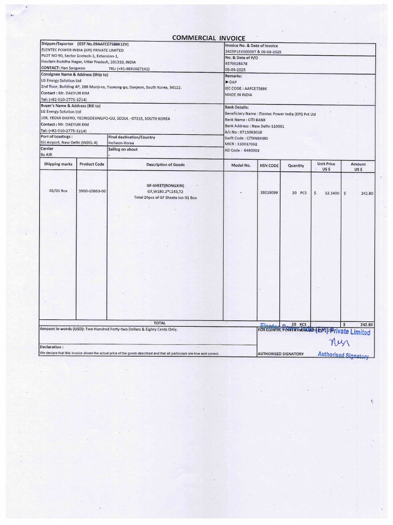 CIPL - 2425P1EX000097 - 20EA GF SHEET - Ship To Korea | PDF