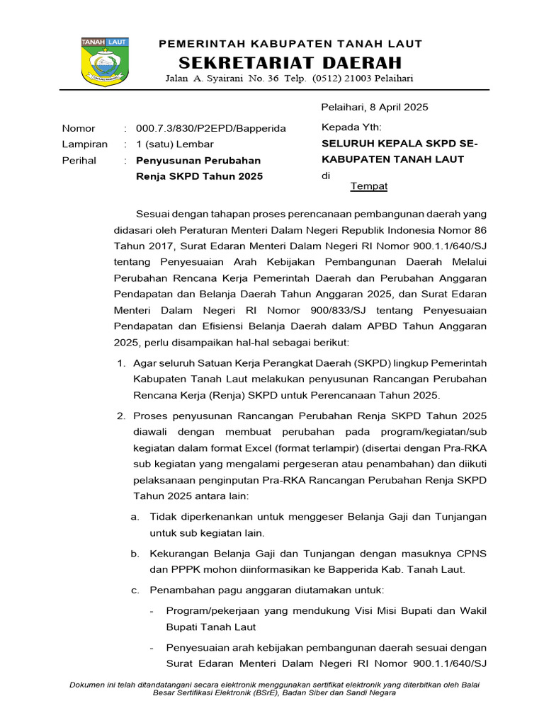 Surat Perubahan Renja 2025 | PDF
