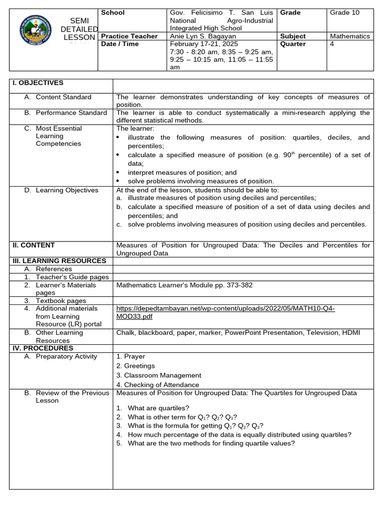 Grade 10 Measures of Position Lesson Plan | PDF | Percentile | Quartile