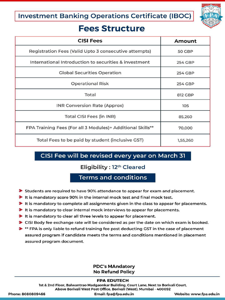 CISI Fees Structure (Apr - Mar 2024) | PDF